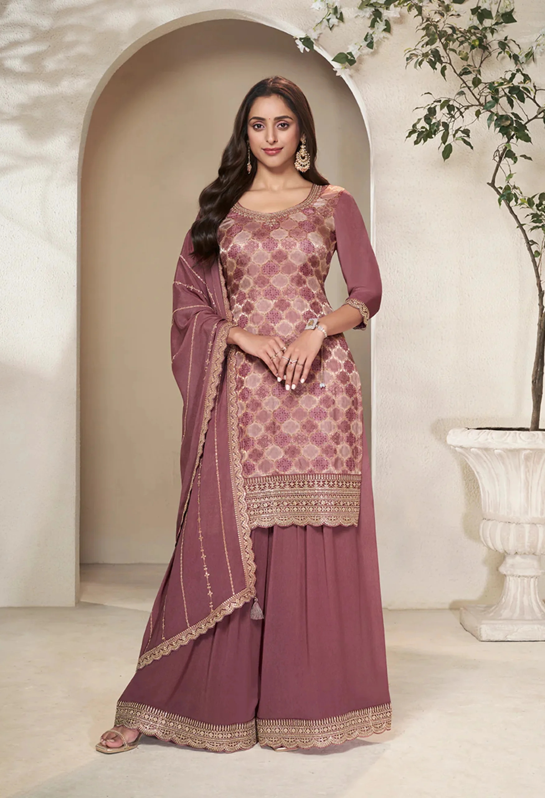 Memsaab Burgundy Luxe Dola Silk Sharara Suit Set - Memsaab
