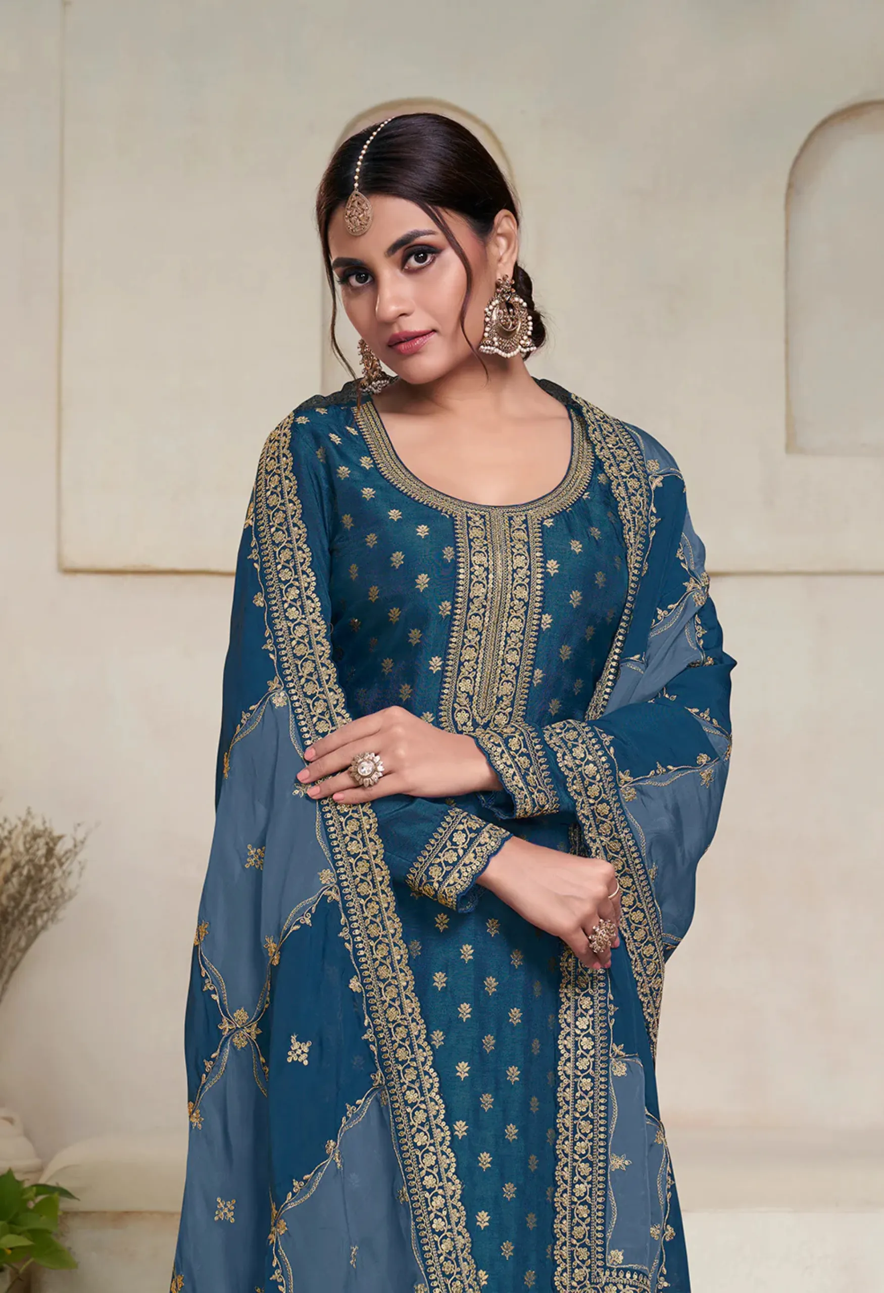 Memsaab Blue Dola Jacquard Sequined Kurta Set - Memsaab
