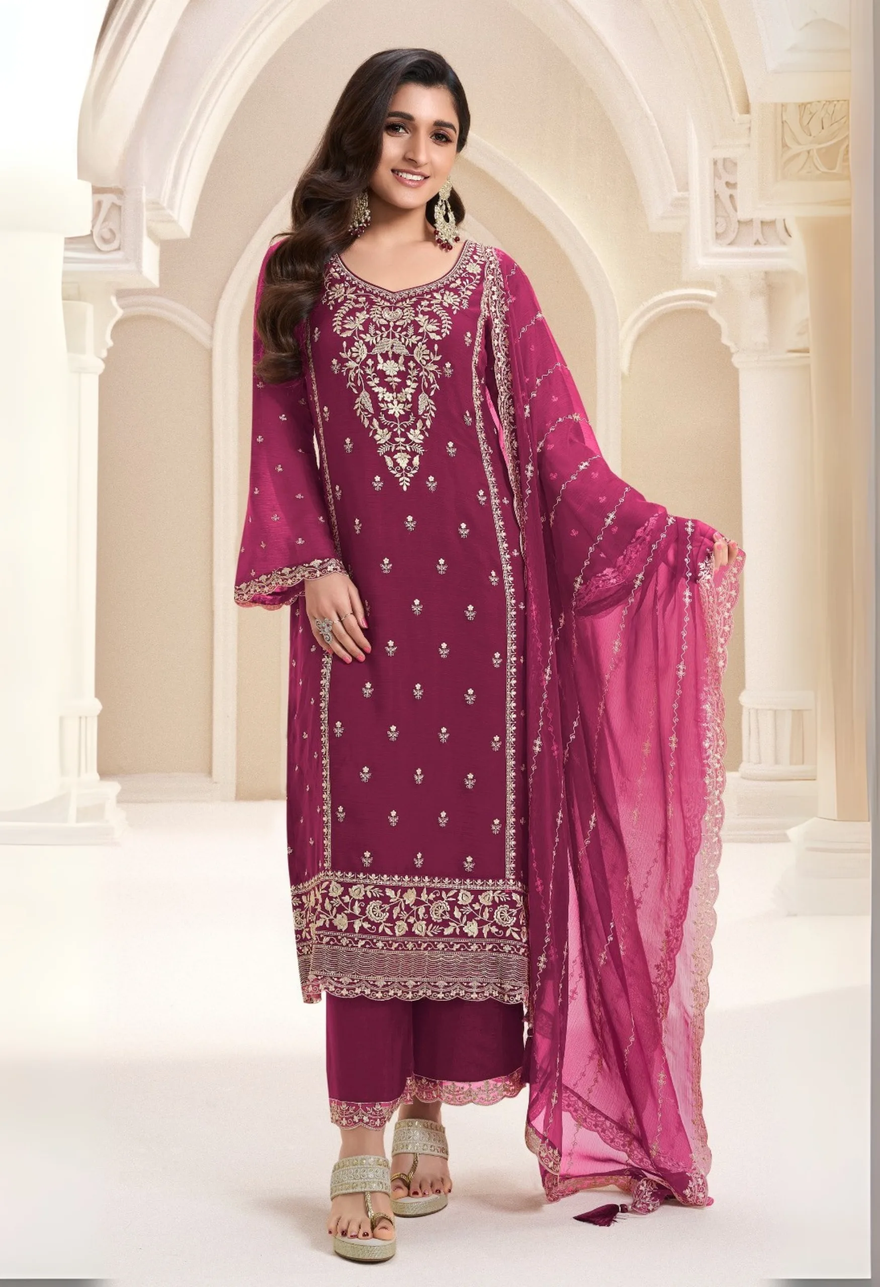 Memsaab Burgundy Elegant Thread Embroidered Kurta Set - Memsaab