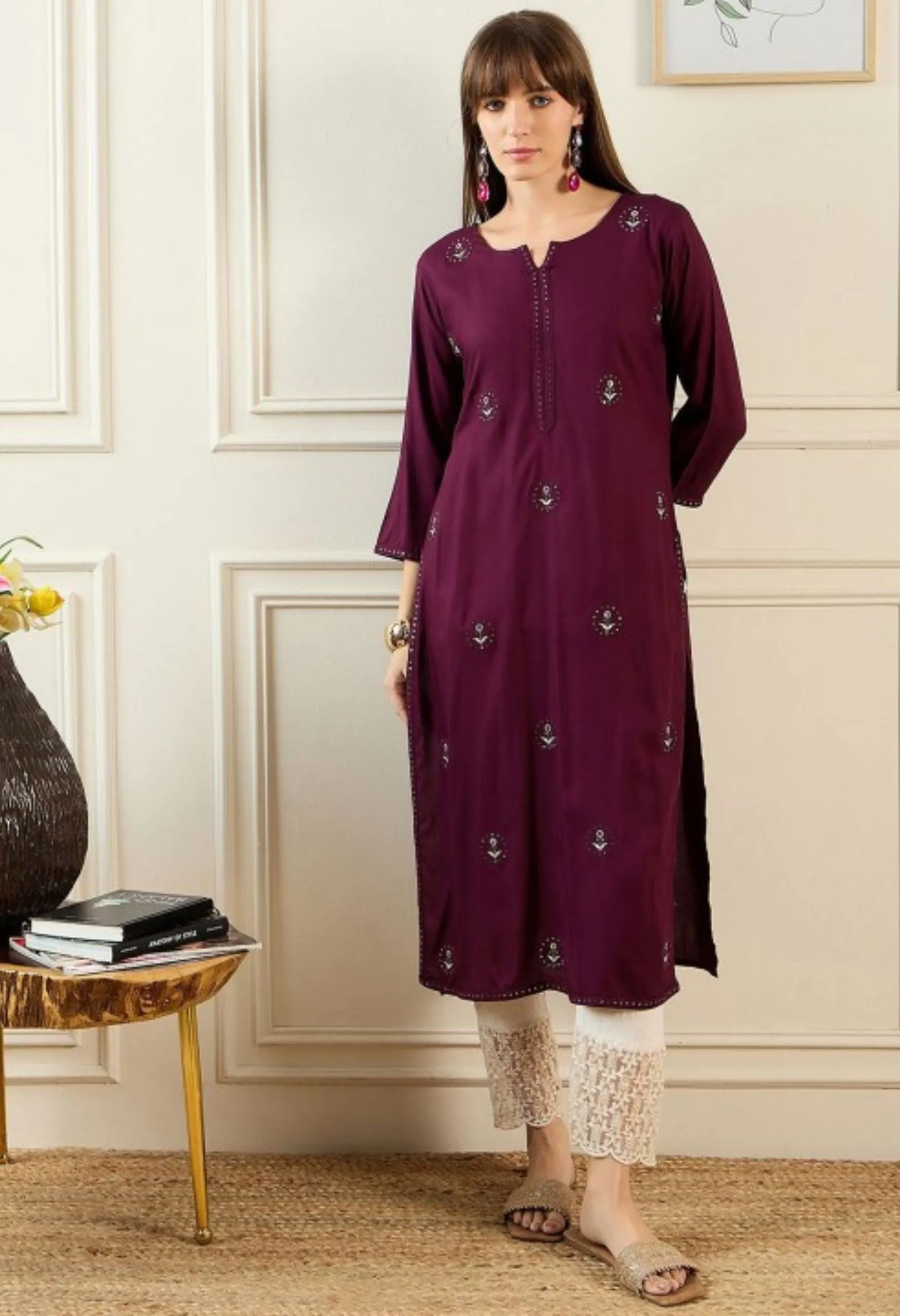 Memsaab Burgundy Embroidered Notch Neck Sequins Kurta - Memsaab