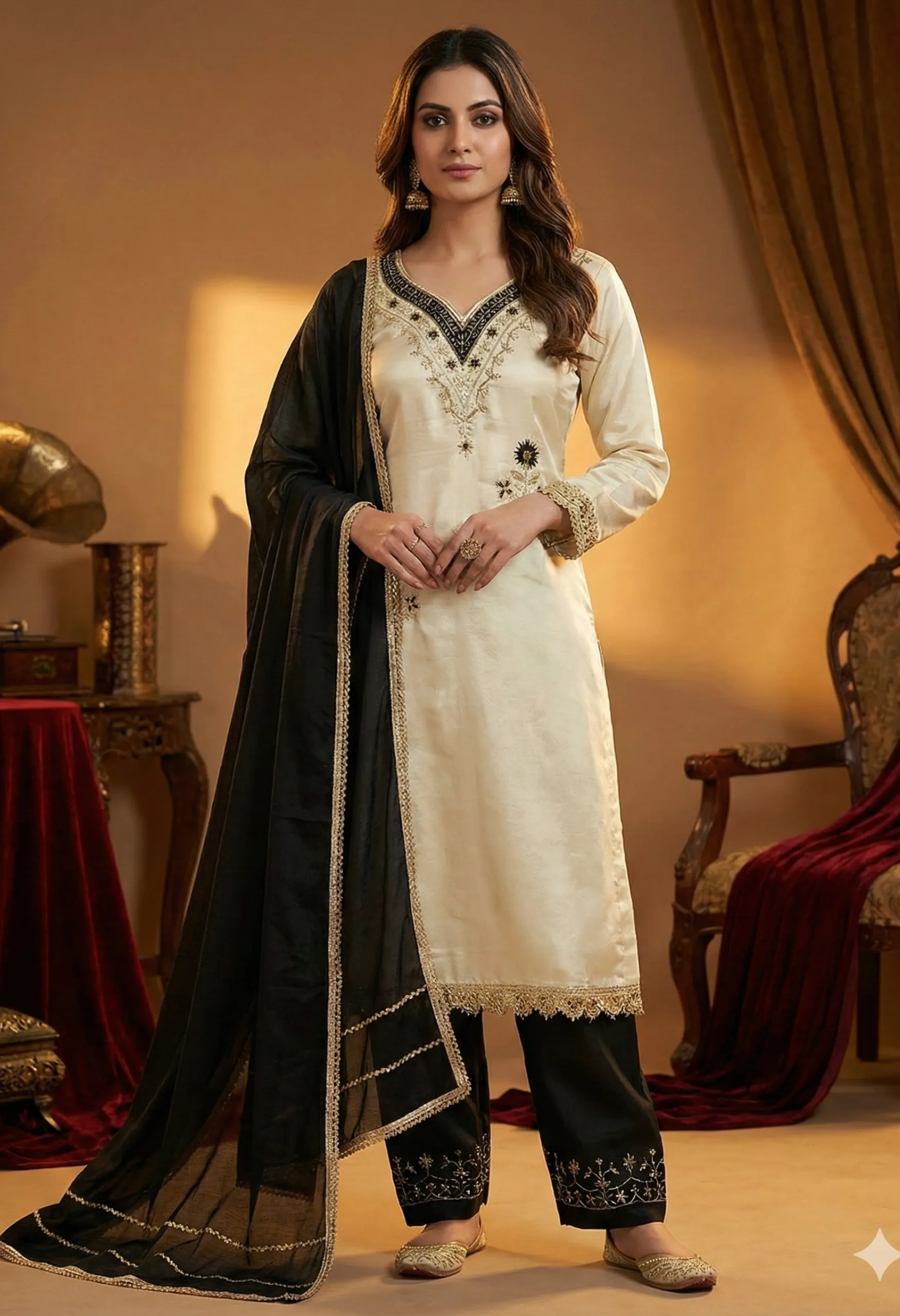 Memsaab Ivory Black Embroidered Crepe Suit Set - Memsaab