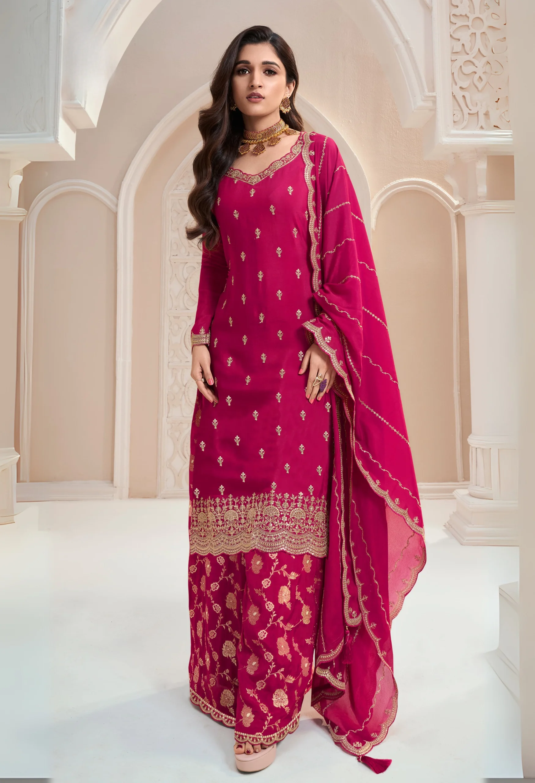 Memsaab Magenta Pink Embroidered Sharara Set - Memsaab