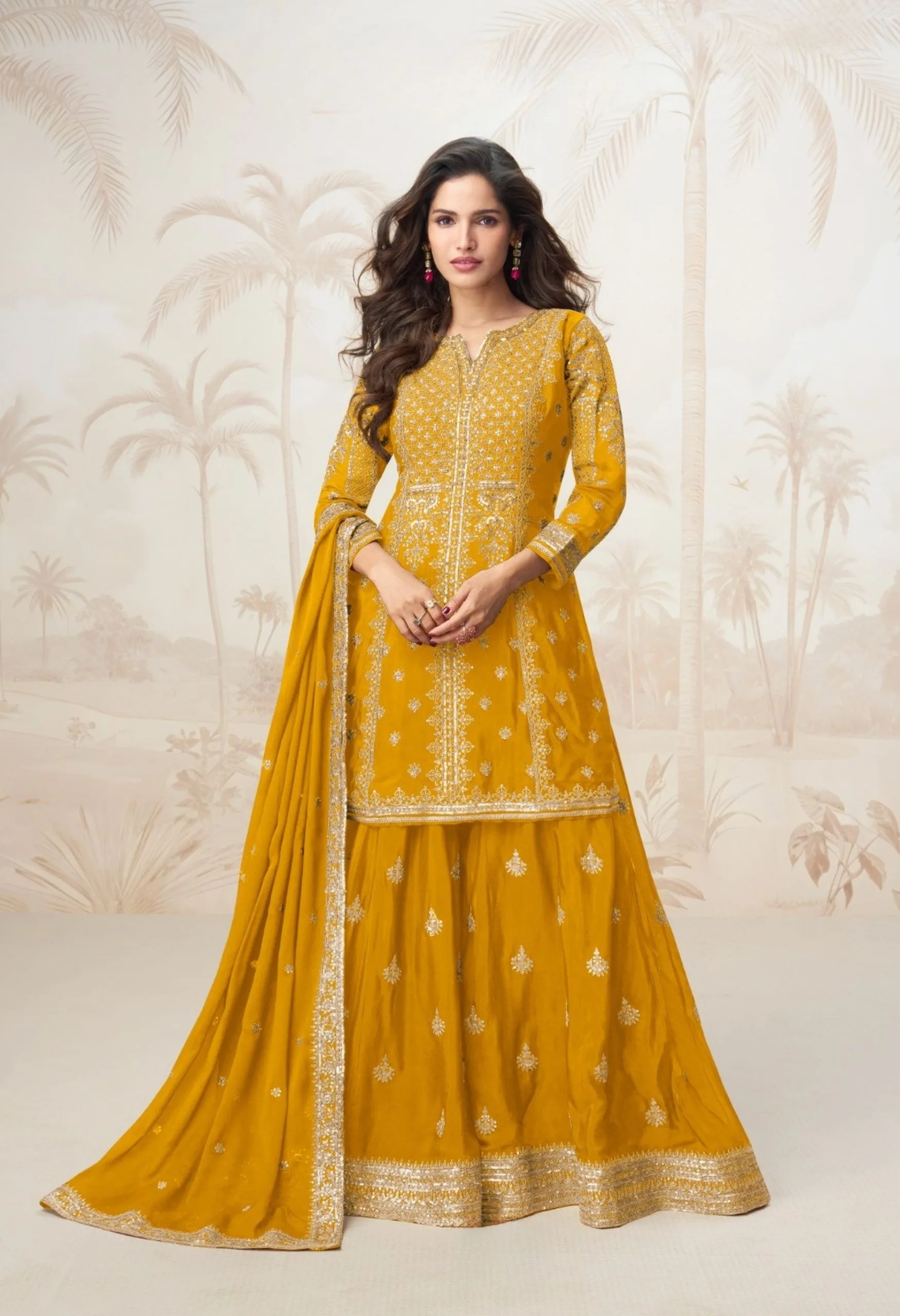 Memsaab Mustard Embroidered Kurta Sharara Set - Memsaab