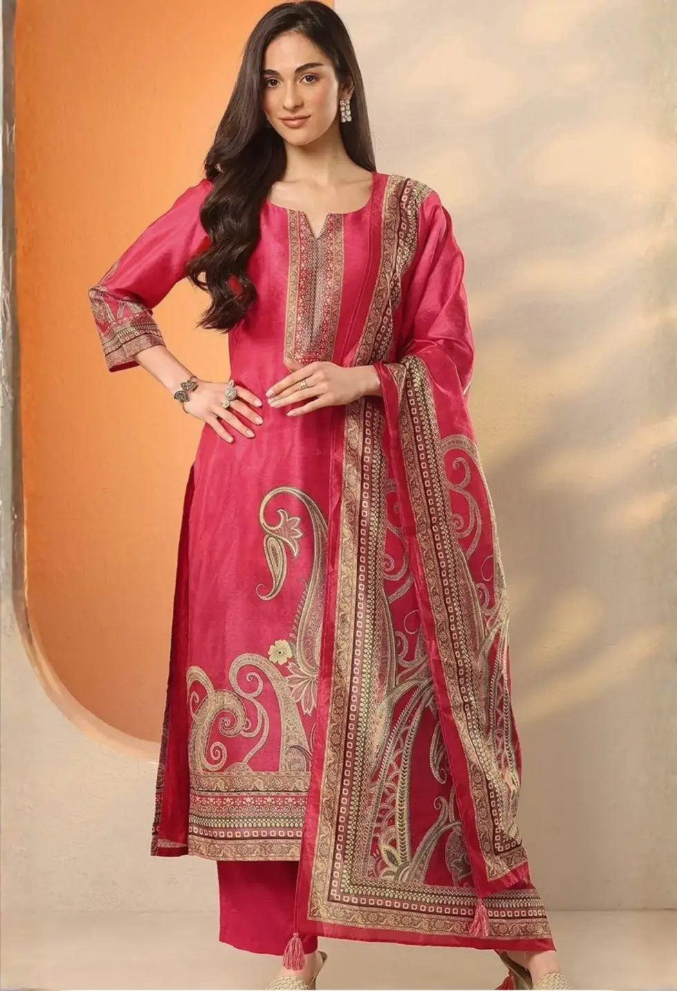 Memsaab Pink Gold Paisley Print Kurta Set - Memsaab