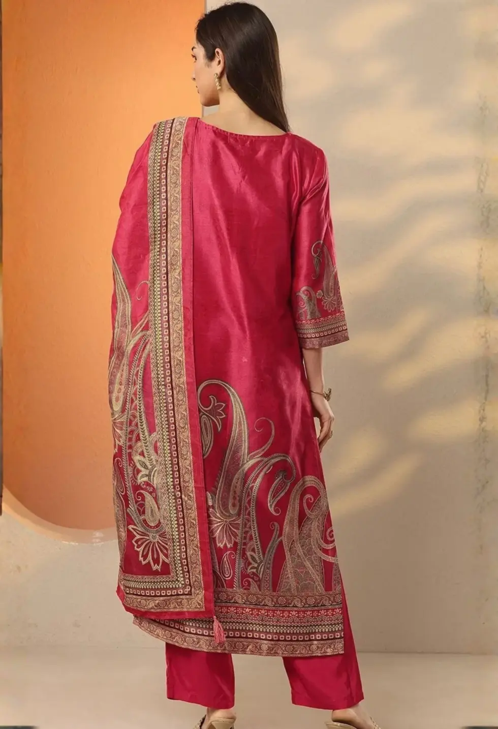 Memsaab Pink Gold Paisley Print Kurta Set - Memsaab