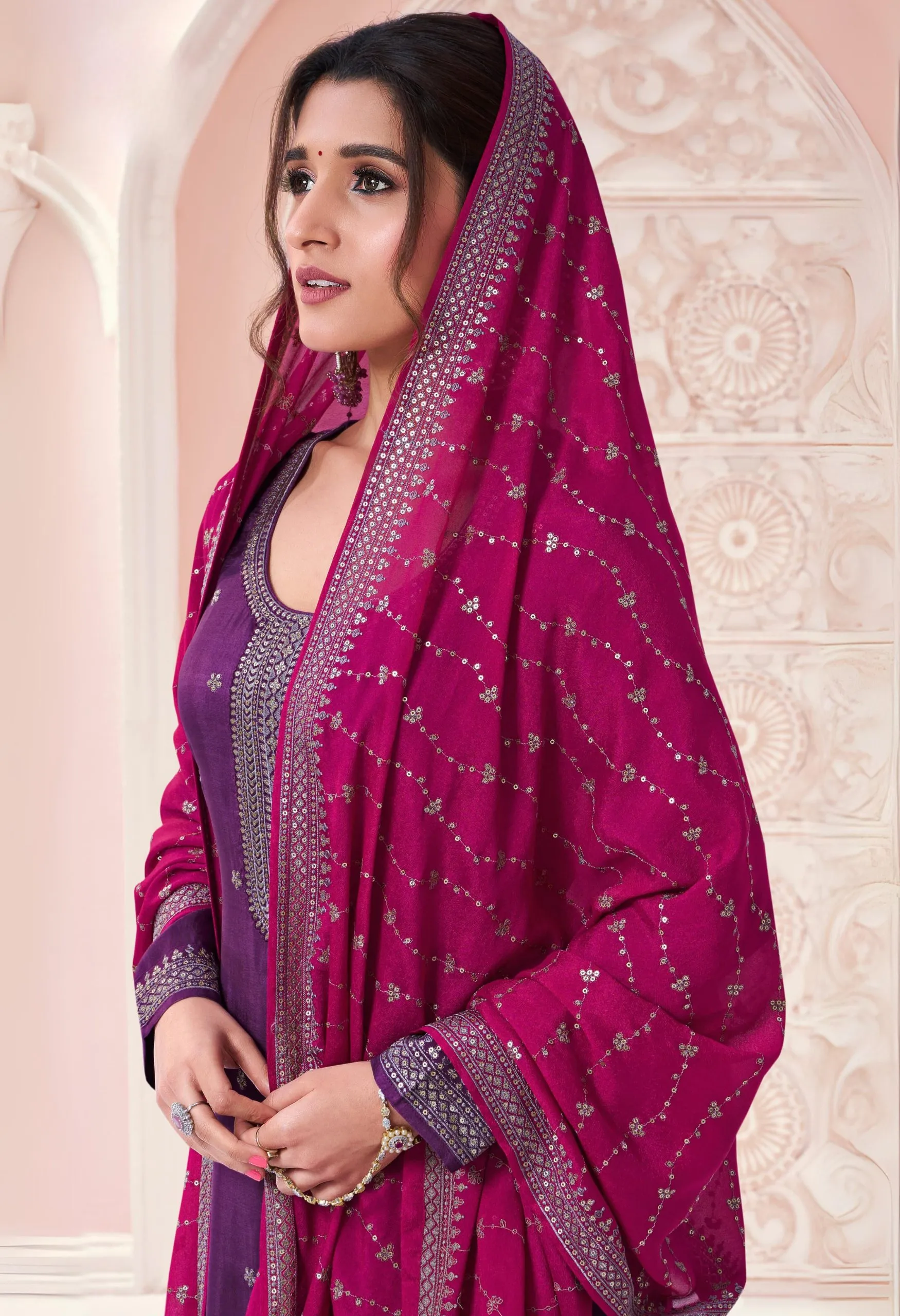 Memsaab Purple Thread Embroidered Silk Suit Set - Memsaab