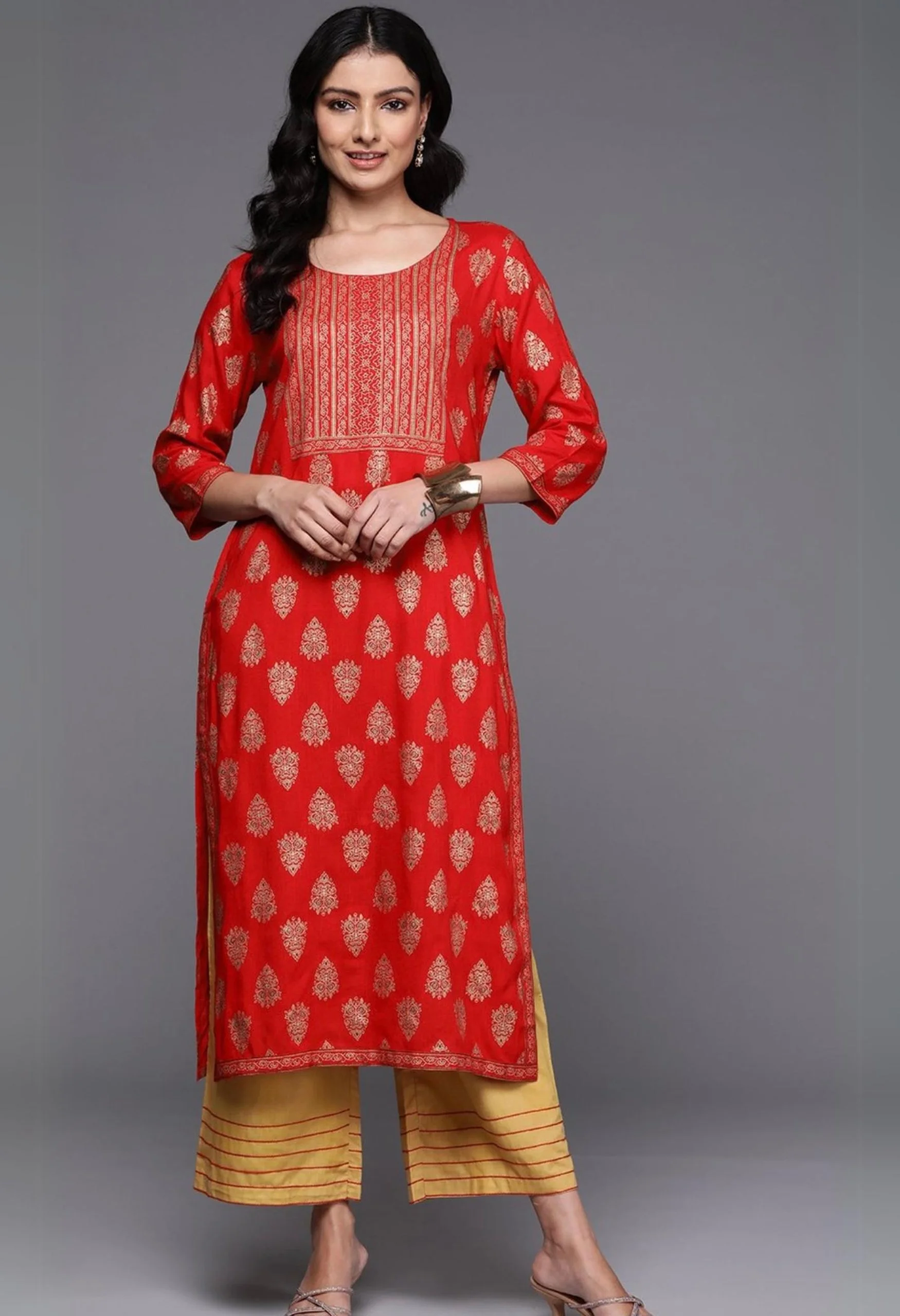 Memsaab Red and Gold Printed Kurta - Memsaab