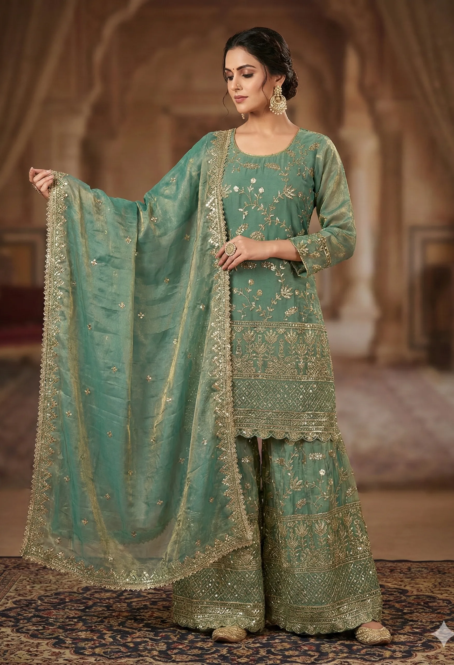 Memsaab Sage Green Embroidered Shimmer Silk Sharara Set - Memsaab