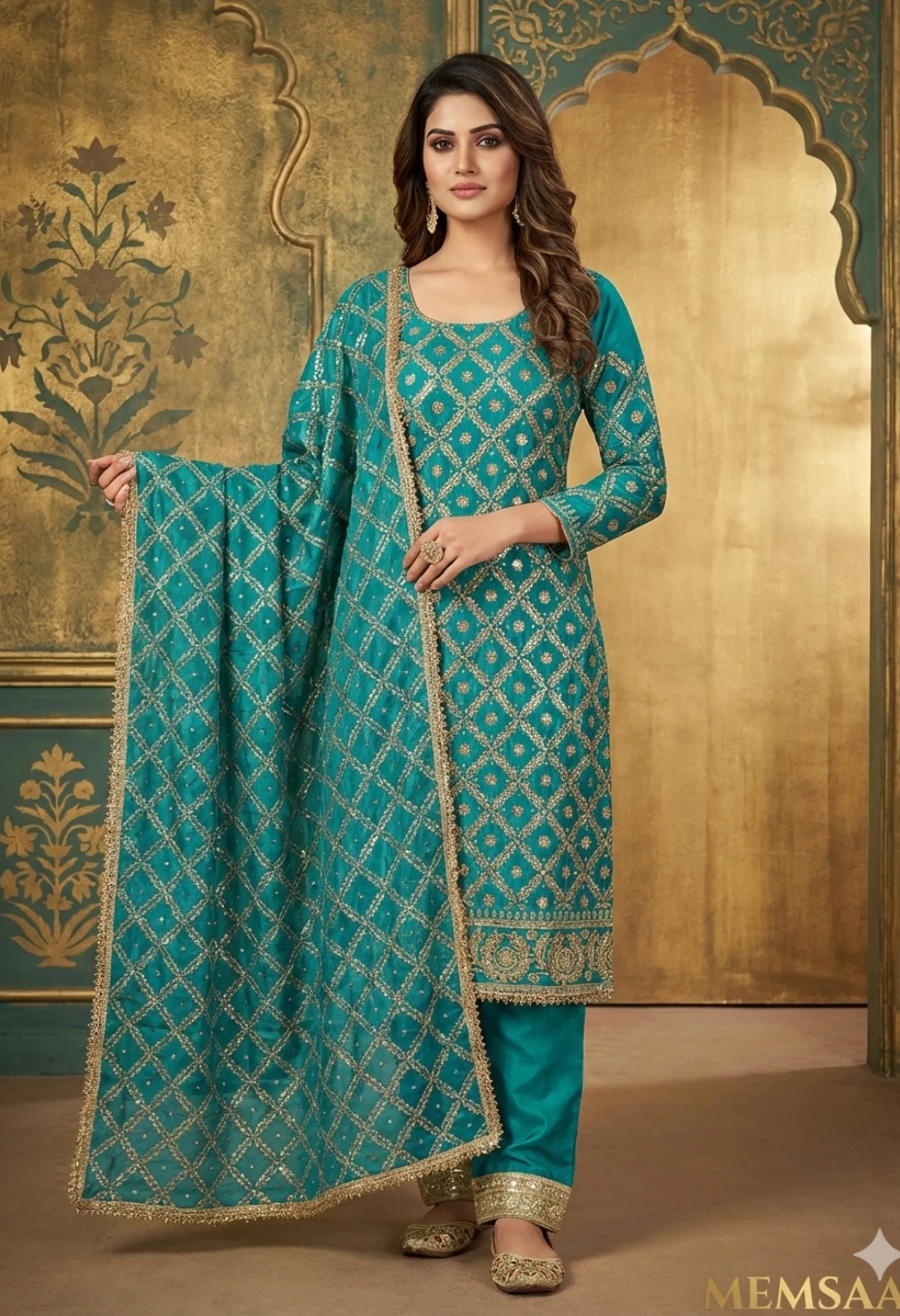 Memsaab Teal Green Geometric Embroidered Crape Kurta Set - Memsaab