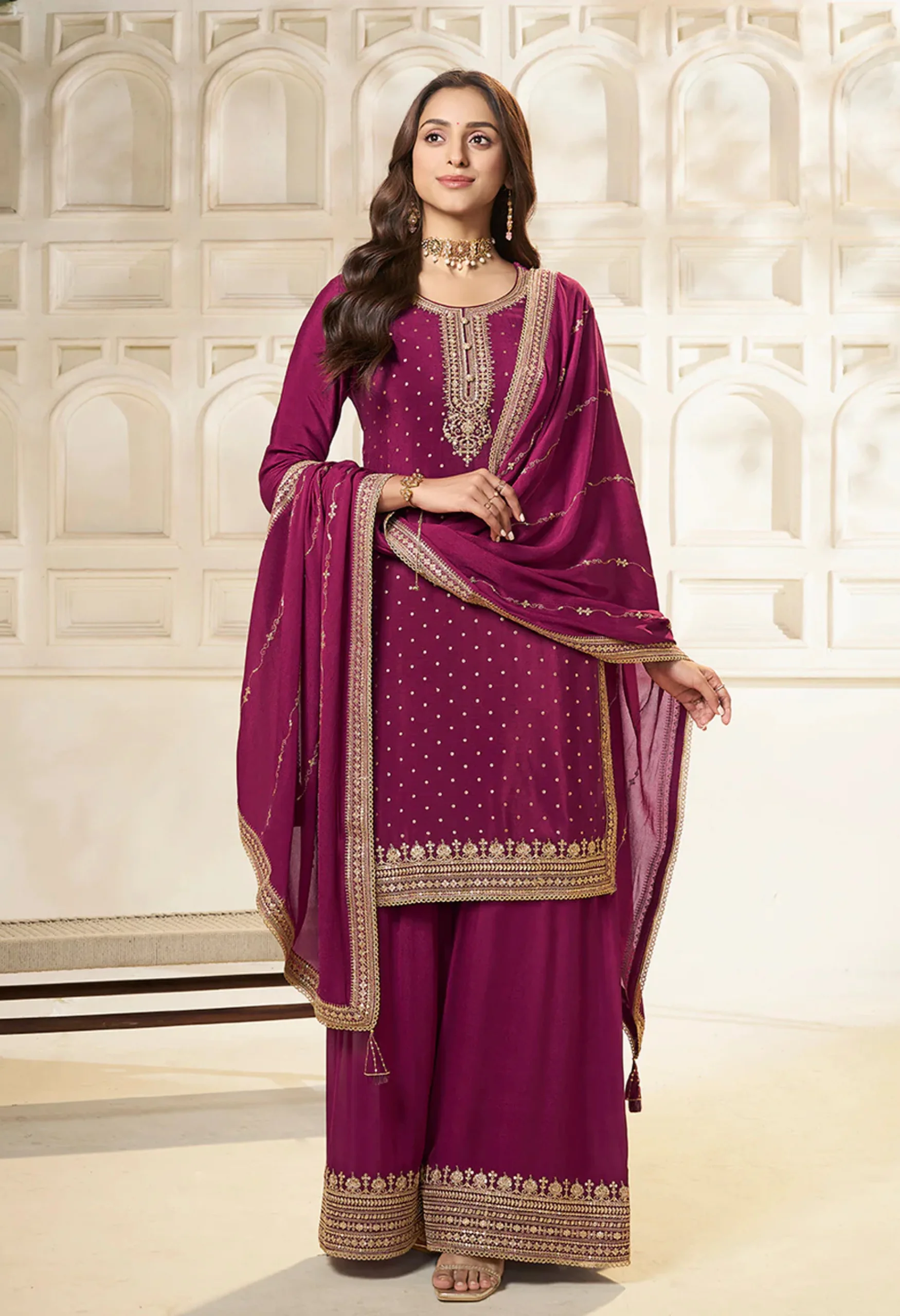 Memsaab Wine Sharara Suit NZ – Embroidered Chinon Set